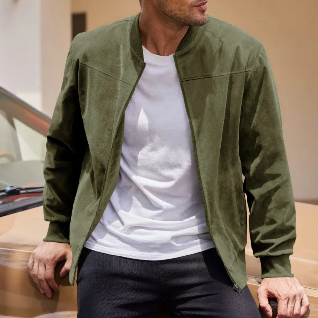 Suede Finish Bomber Jacket with Rib Detail