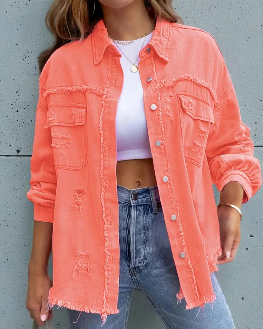 Denim Jacket with Frayed Edges and Organic Cotton Fabric